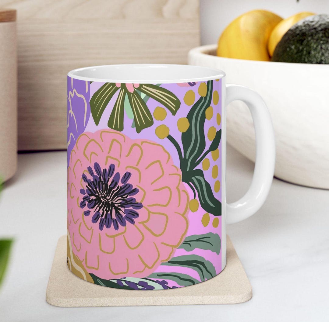 Pink Floral Ceramic Mug Flower Design Mug, Mother's Day Gift Botanical ...