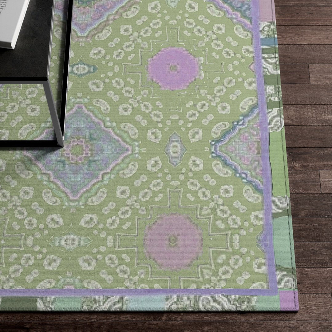 Olive Green Pastel Rectangle Rug - Soft Thin Carpet With Mandala Print ...