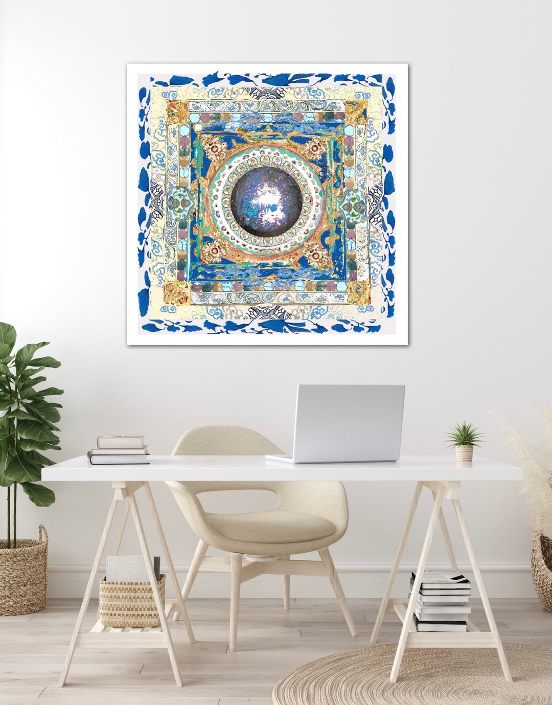 Mindful Wall Art Large Boho Bedroom Decor Canvas Blue Zen Mandala ...