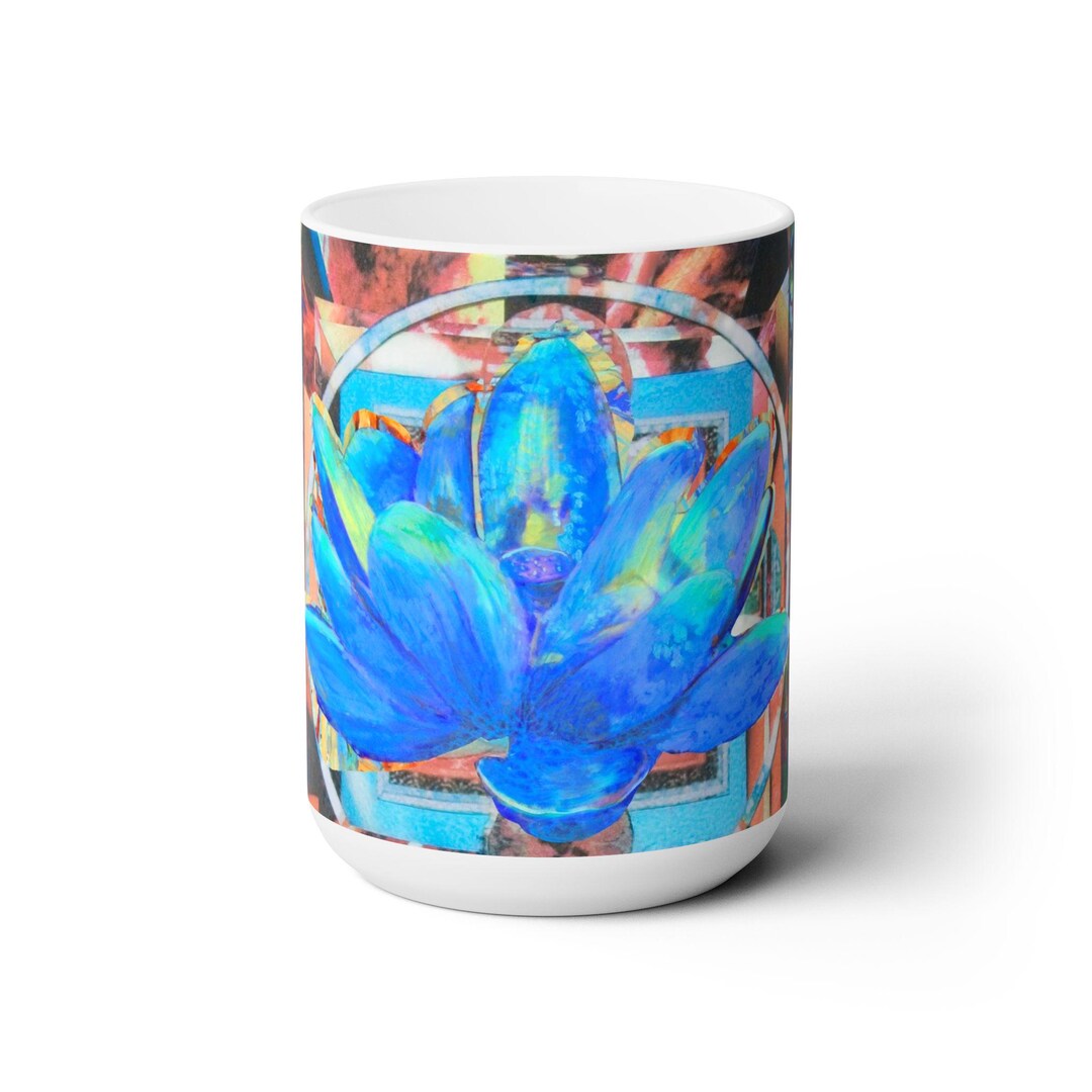Vibrant Blue Lotus Flower Ceramic Mug 15oz - Spiritual Pop Art Teacup ...