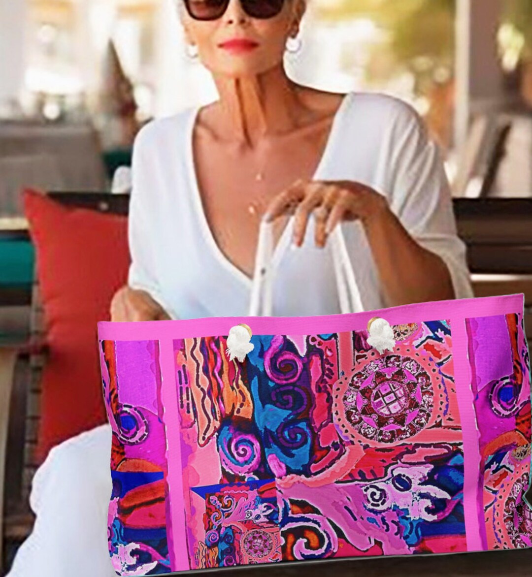 Large Rectangle Tote Bag HOT PINK Print Weekend Travel Tote Eco ...