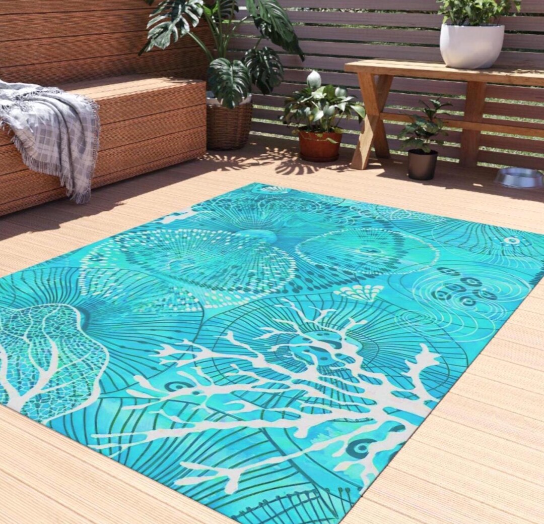 Outdoor Aqua Chenille Area Rug-coastal Ocean Scene. Coral Nautical ...