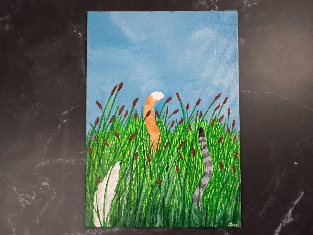Cattails and Cat Tails Acrylic Painting, Original Handmade Art, Cat ...