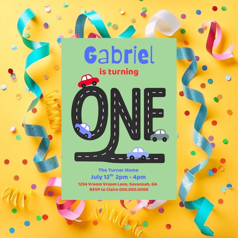 Editable Car Birthday Invitation • Road “ONE” First Birthday Invite ...