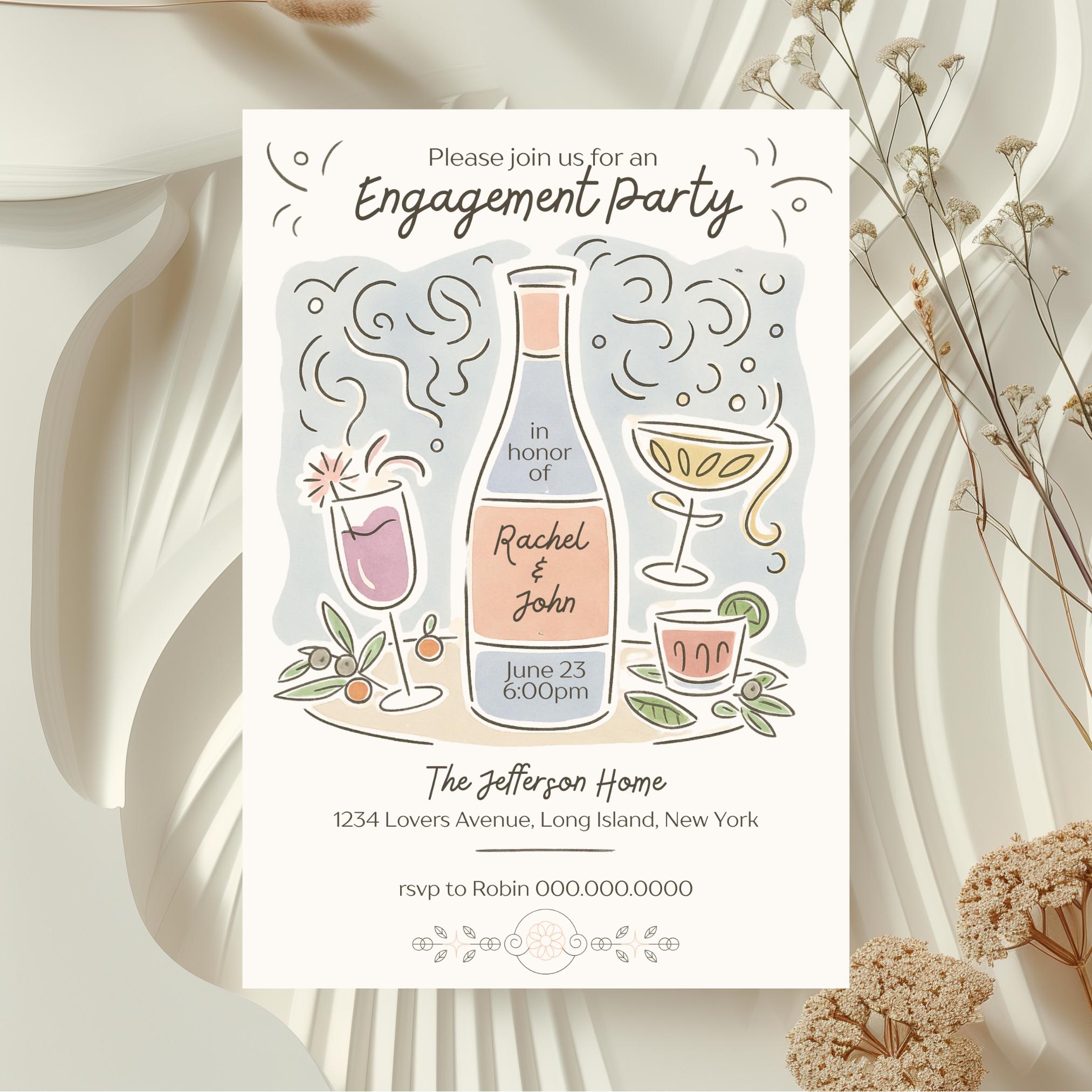 Editable Champagne Bottle Engagement Invite DIY Canva Download Modern ...