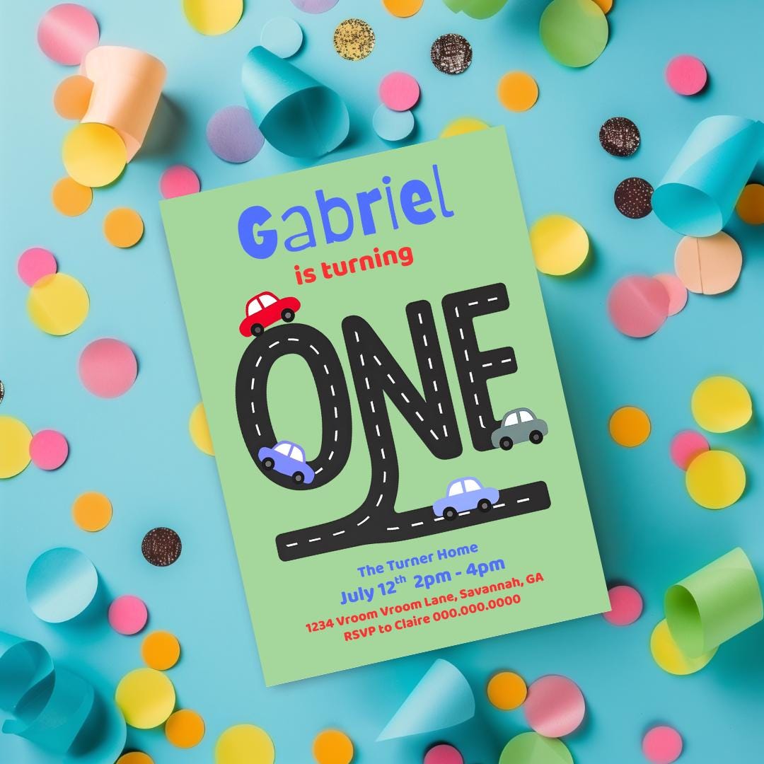 Editable Car Birthday Invitation • Road “ONE” First Birthday Invite ...