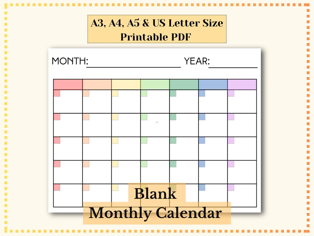 Blank Monthly Calendar Rainbow Planner Insert ADHD Minimalist ...