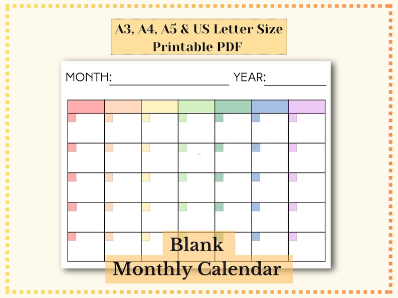 Rainbow Monthly Calendar Printable: Undated Planner Insert (PDF) - Etsy