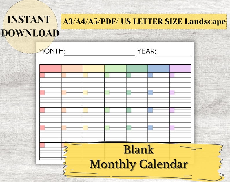 Monthly Calendar Printable/ Rainbow Lined / ADHD / Landscape Template ...