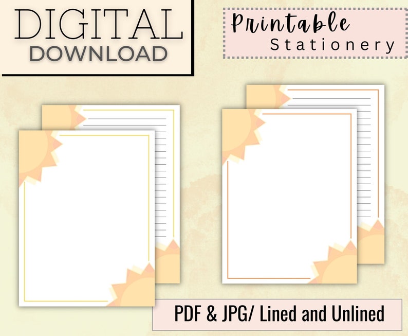 Sunshine Printable Stationery / Summer Sun Blank Greeting Cards ...