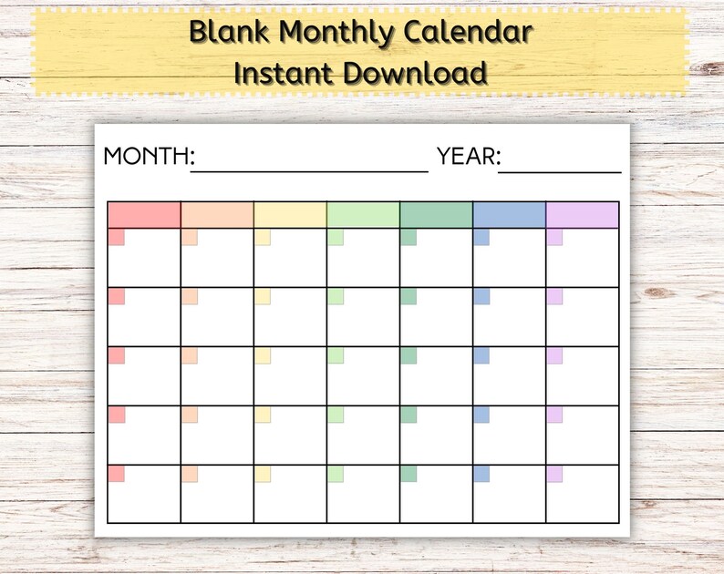 Blank Monthly Calendar Rainbow Planner Insert ADHD Minimalist ...