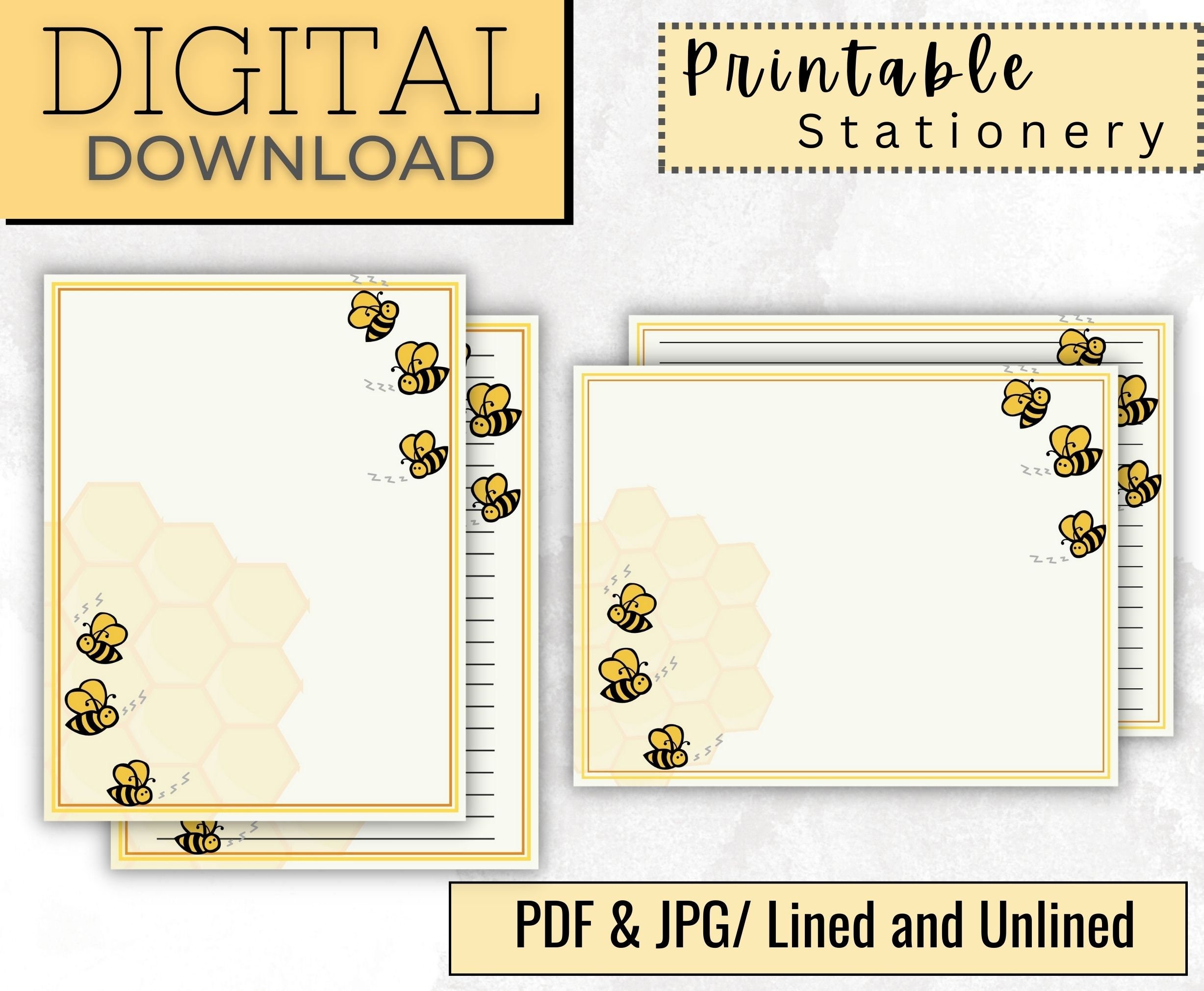 Honeybee Printable Stationery Honeycomb and Bees Greeting Card Yellow ...