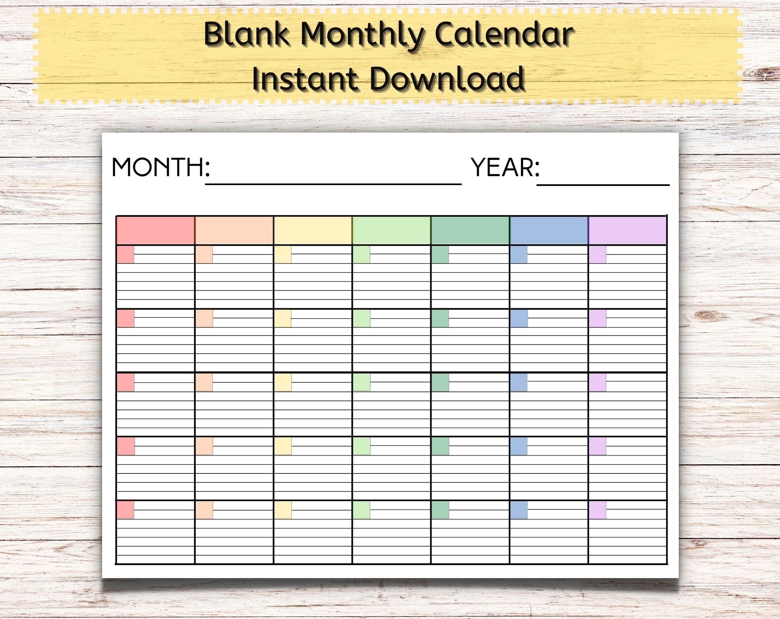 Monthly Calendar Printable/ Rainbow Lined / ADHD / Landscape Template ...