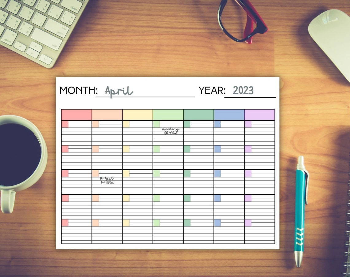 Blank Monthly Calendar Rainbow Lined Printable PDF Organizer ADHD ...