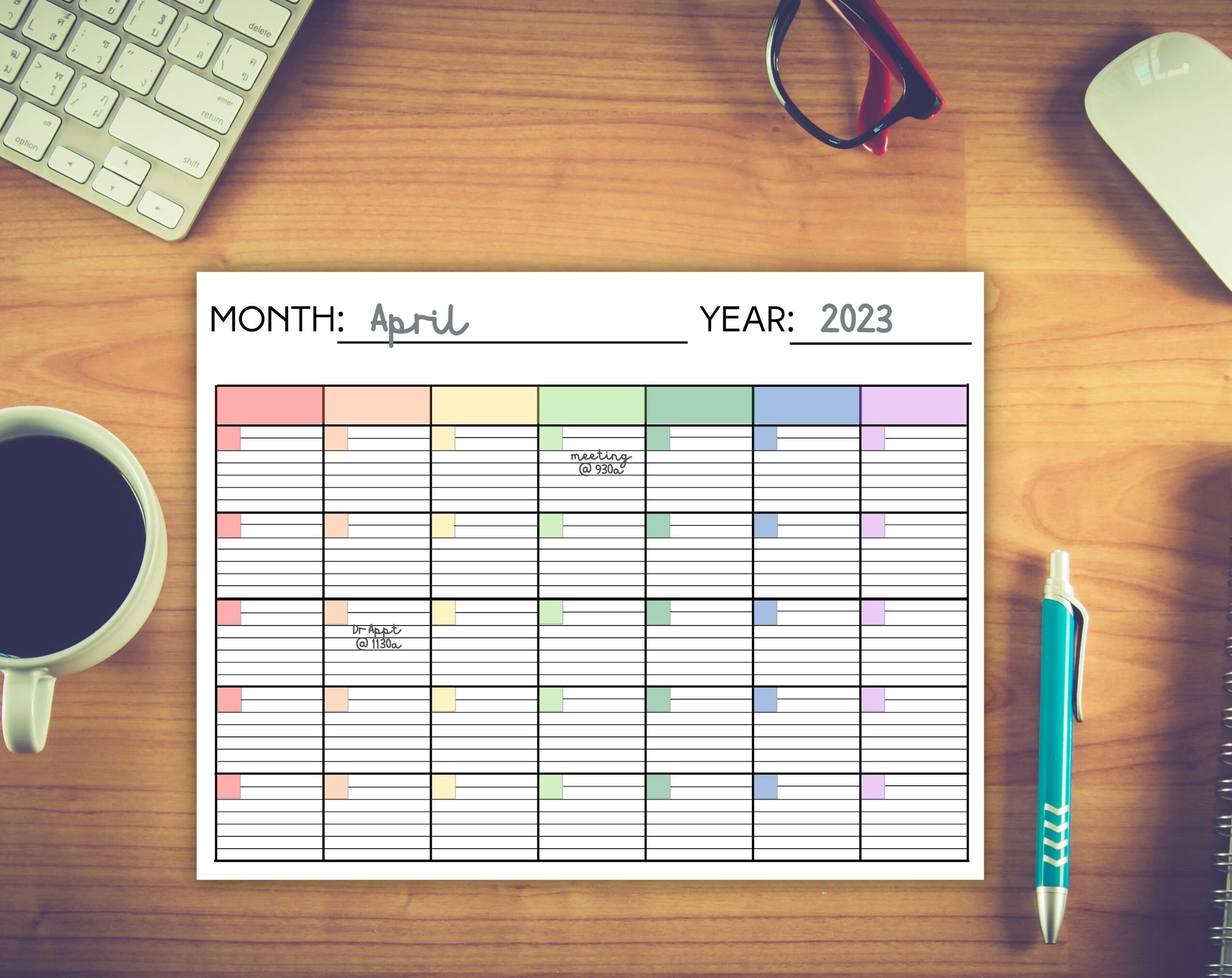 Monthly Calendar Printable/ Rainbow Lined / ADHD / Landscape Template ...