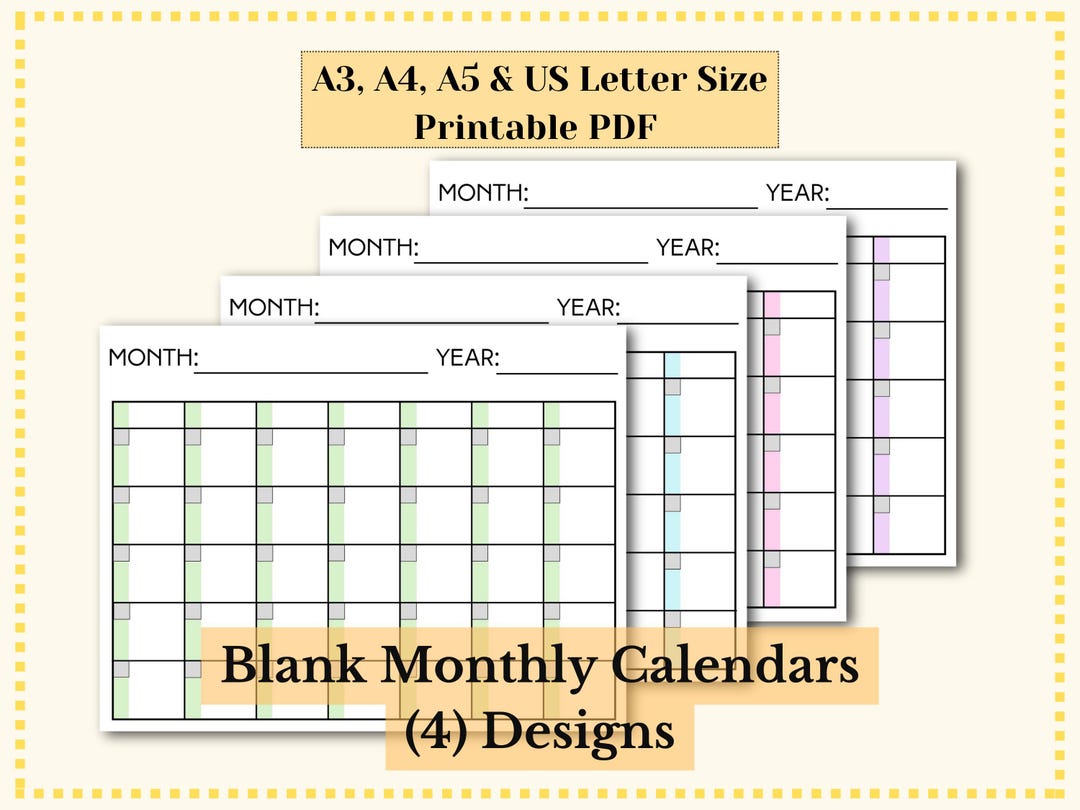 Colorful Blank Monthly Calendar Printable, Minimalist Organizer ...