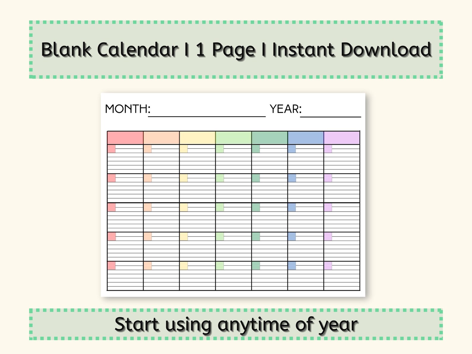 Blank Monthly Calendar Rainbow Lined Printable PDF Organizer ADHD ...