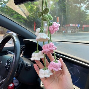 Crochet Lily of the Valley Mirror Hanging Car Accessories, Car Crochet ...