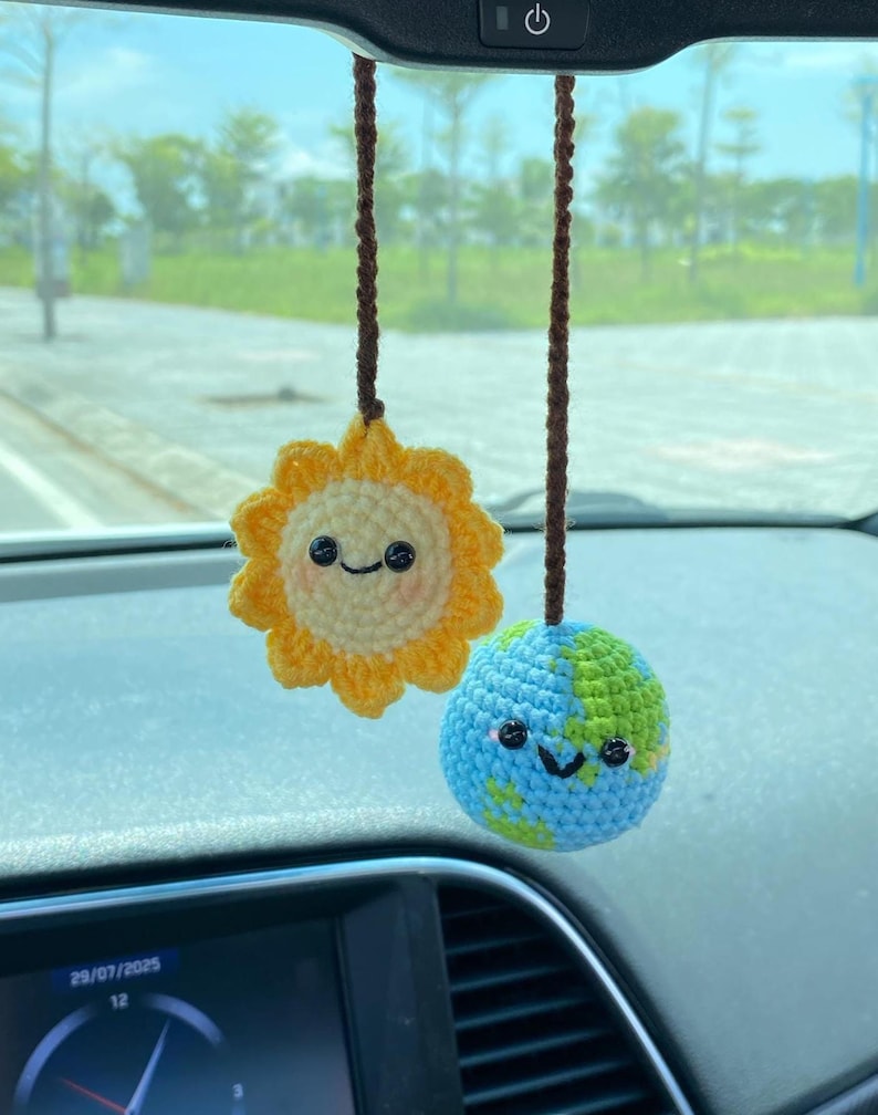 Crochet Sun and Earth Car Hanging, Cute Earth Sun Rear View Mirror ...