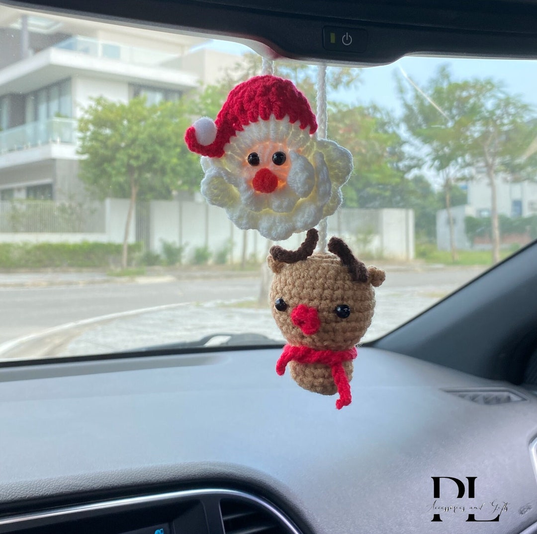 Crochet Christmas Santa and Reindeer Car Charm, Cute Santa Reindeer ...