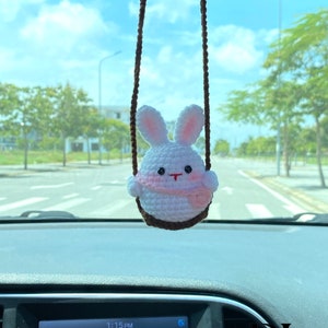 Cute Swinging Bunny Car Mirror Hanging Accessories, Crochet Rabbit ...