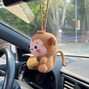 Crochet Monkey and Banana Car Charm, Cute Monkey Holding Banana Rear View Mirror Ornament, Car ...