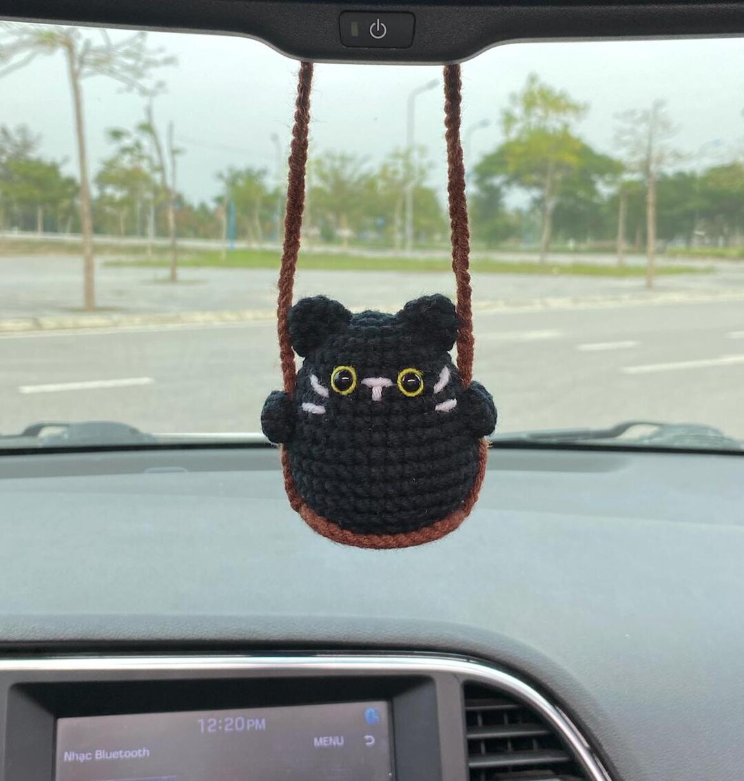 Cute Swinging Black Cat Car Mirror Hanging Accessories, Crochet Black ...
