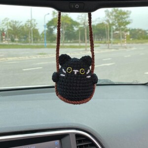 Cute Swinging Black Cat Car Mirror Hanging Accessories, Crochet Black ...