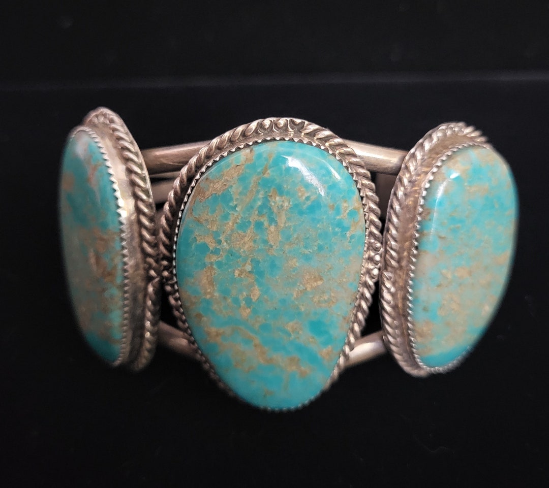 Three Stone Easter Blue Turquoise Sterling Silver Bracelet - Etsy