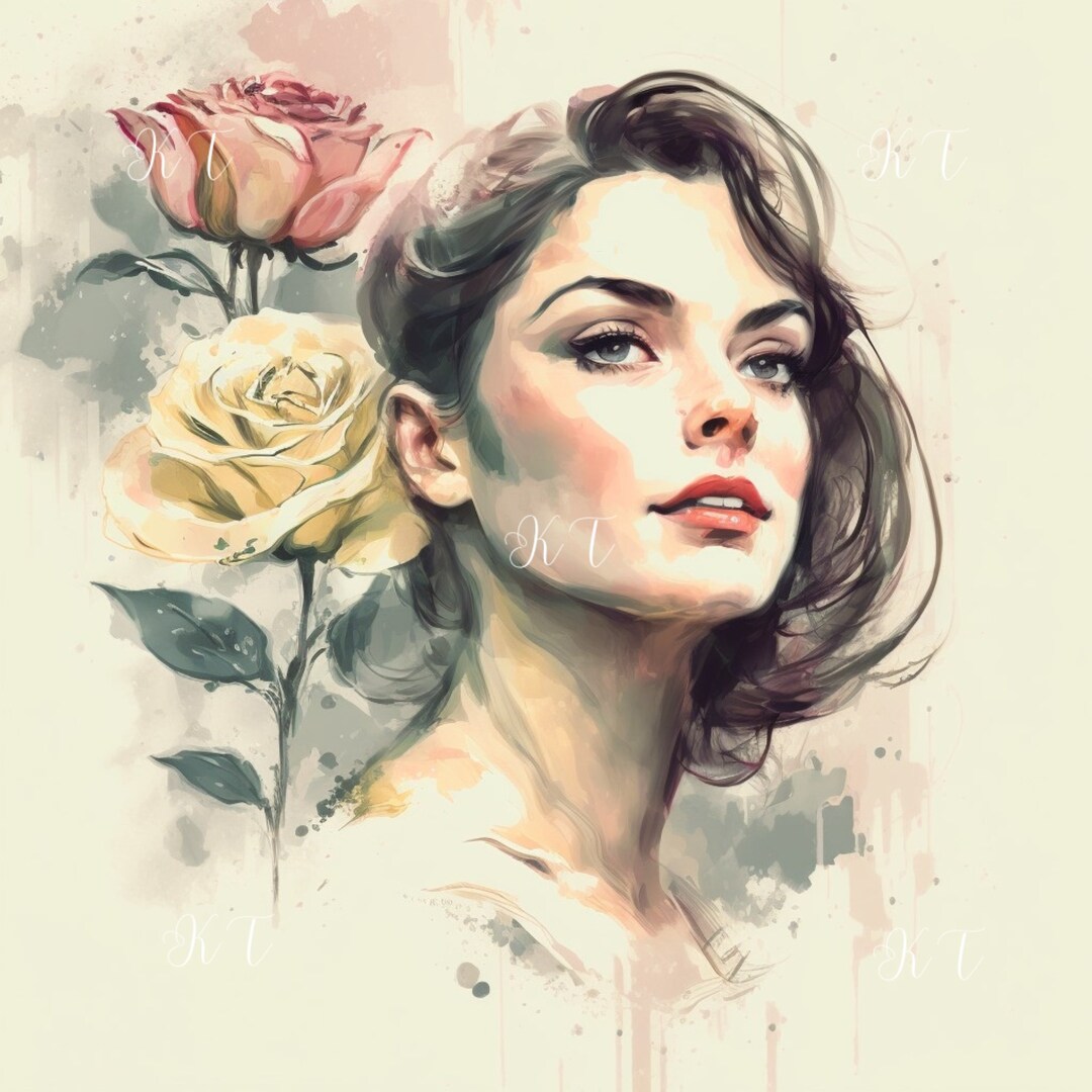 Beauty and Roses, Watercolor, AI Generated, Romantic Decor, Dreamy ...