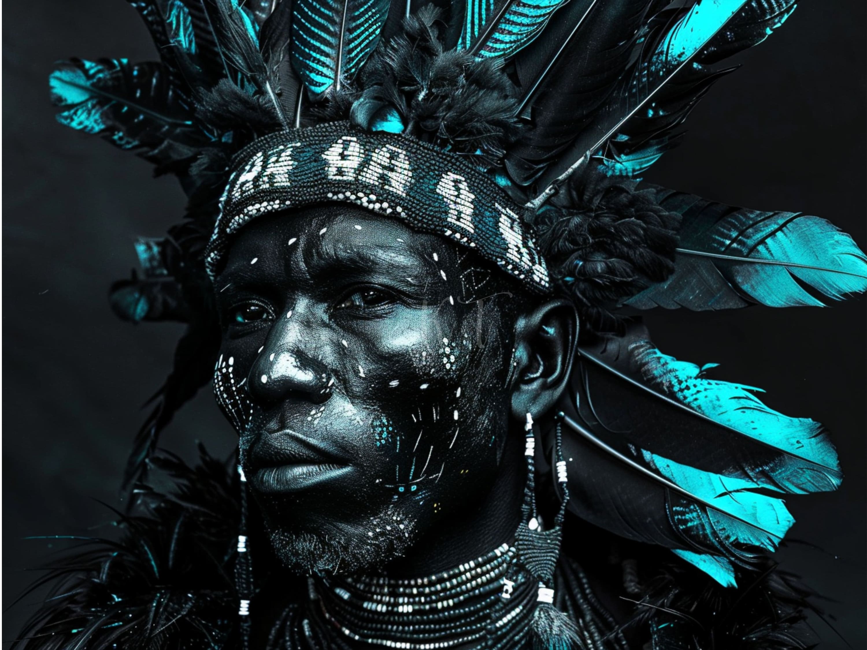 Tribal Echoes: Cyan Aura - AI Enhanced Tribal Warrior Art Print, Museum ...