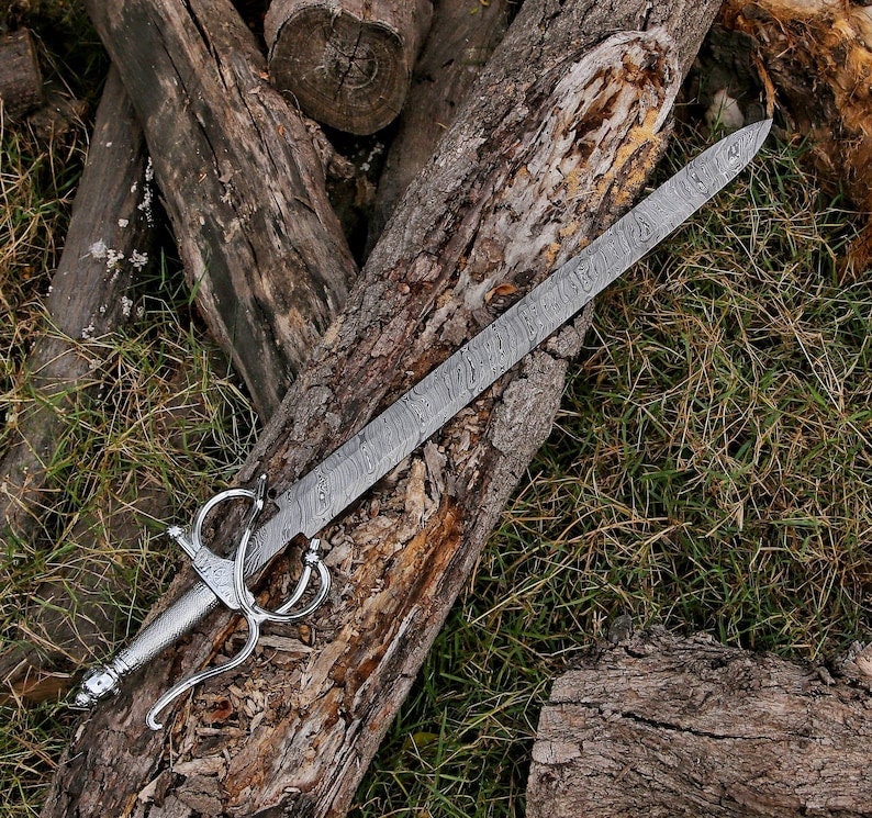 Épée de rapière en acier de Damas forgée à la main avec gaine en cuir ...