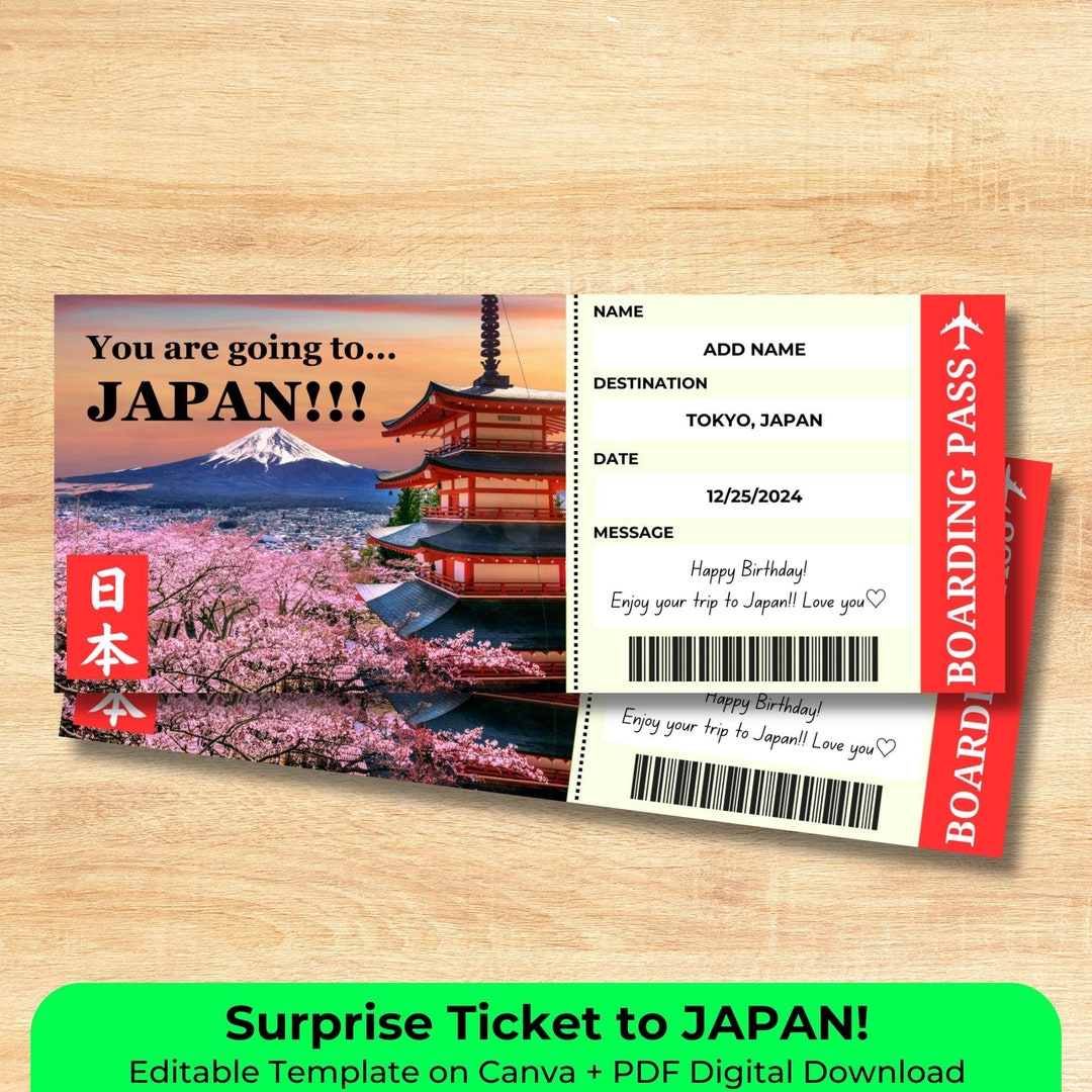 Editable Boarding Pass Japan Surprise Ticket to Japan Editable Plane ...
