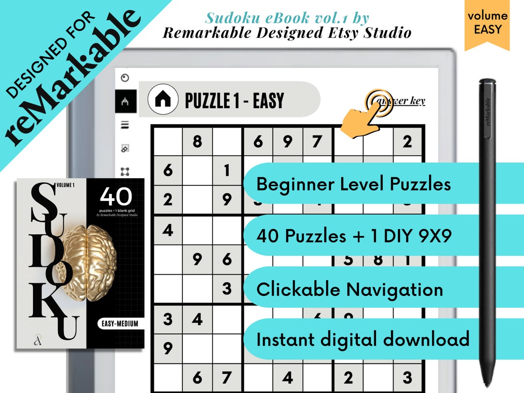 Easy Sudoku Ebook for Remarkable (vol.1) | 40 Puzzles + 1 DIY 9x9 L Remarkable Rm1 Rm2 ...