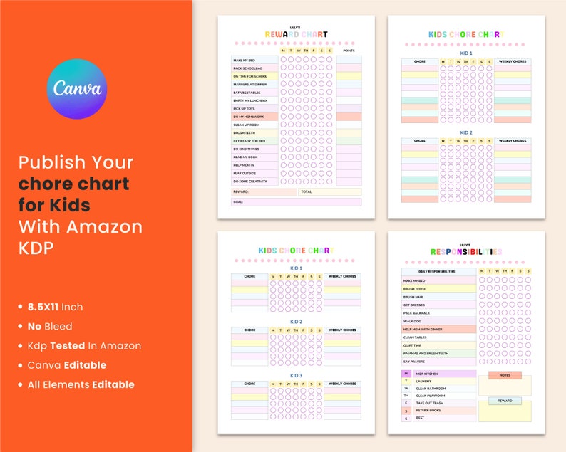 Printable Chore Chart For Kids Canva Template Editable Adhd Planner