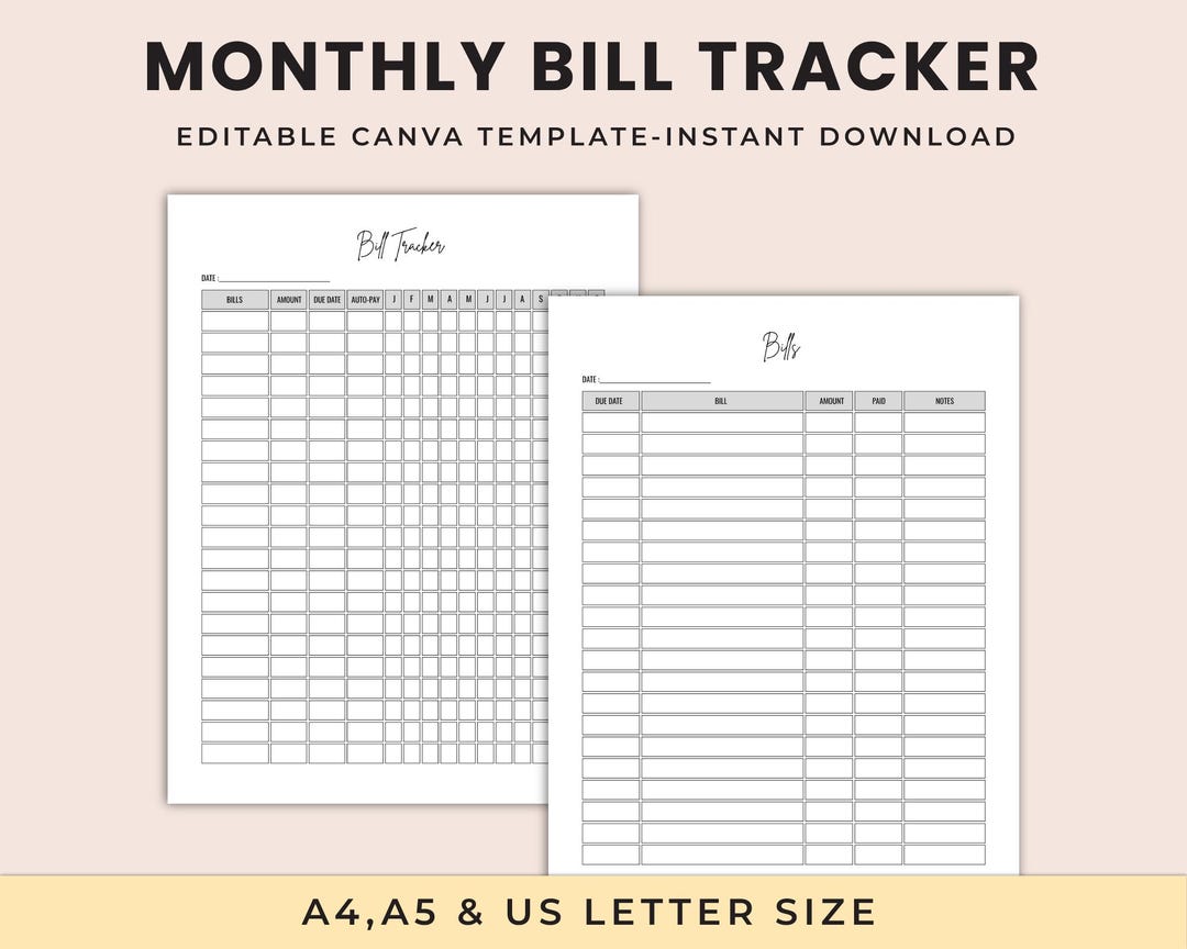 Fillable Monthly Bill Tracker: Printable PDF, A4/A5/US Letter - Etsy