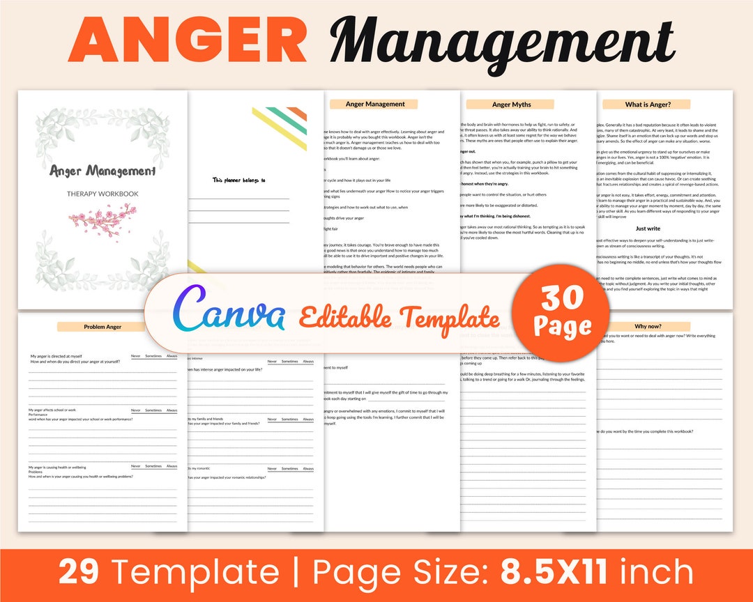 Anger Management Therapy Workbook Editable Canva Template for Adults ...