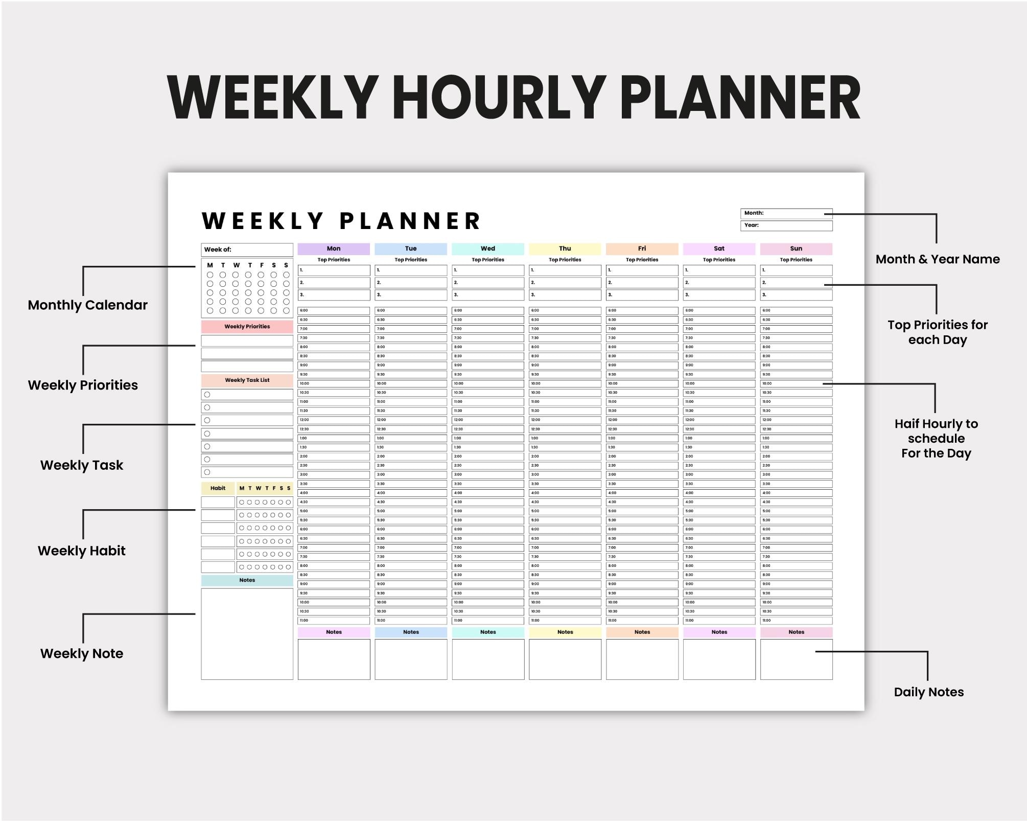 Weekly Hourly Planner | Weekly Planner | Printable Weekly Planner ...