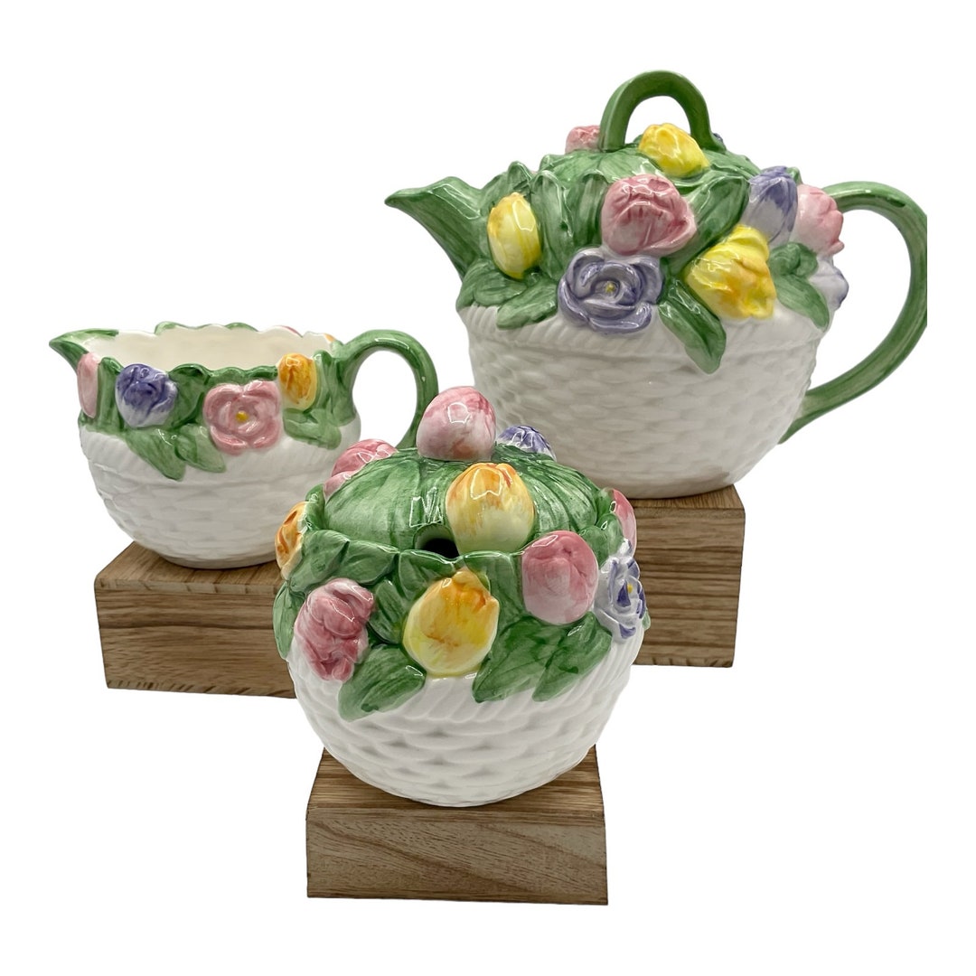 Otagiri Mary Ann Baker Floral Tulip Basketweave Teapot Creamer Sugar Set Vintage 1980s - Etsy