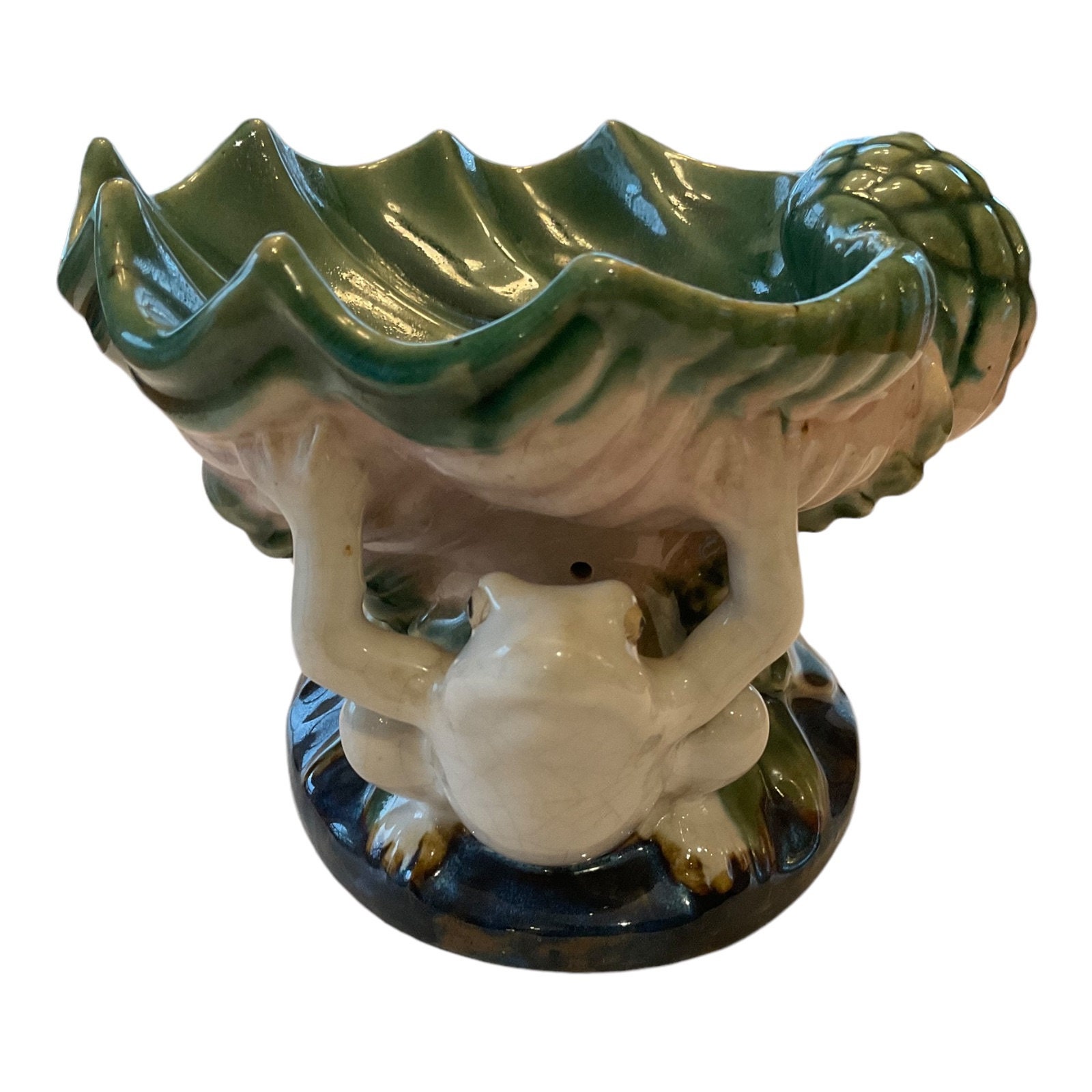 Vintage Majolica Pottery Pedestal Bowl Centerpiece Compote Green ...