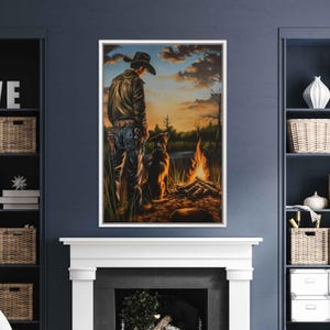 Vintage Cowboy by Fire With Dog at Sunset Acrylic Wall Art Canvas Print ...