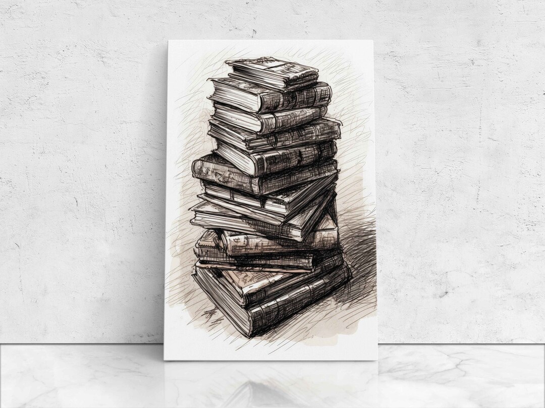 Stack of Book Expressive Drawing, Digital Illustration on Canvas, Ready ...