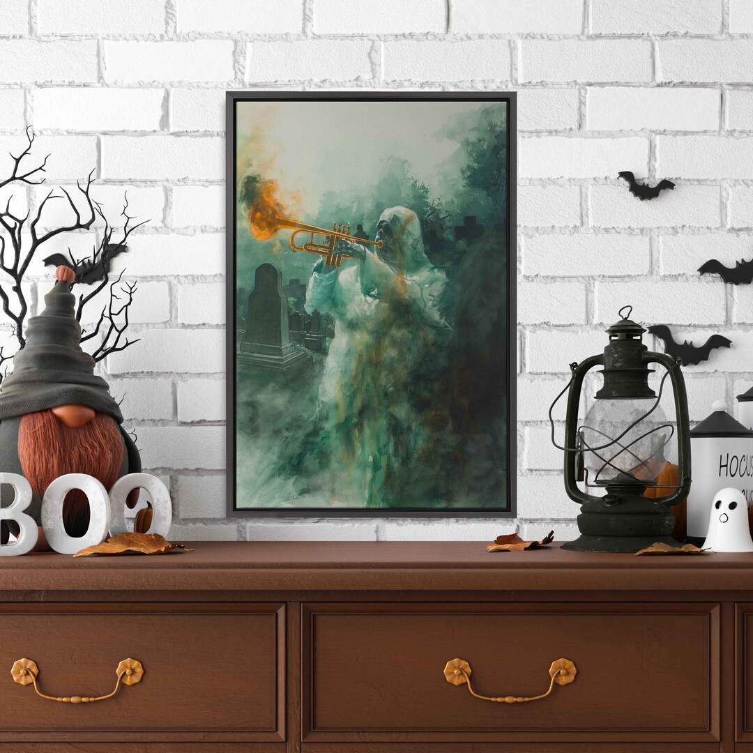 Haunted Ghost Playing Trumpet in Eerie Cemetary Watercolor Wall Art ...