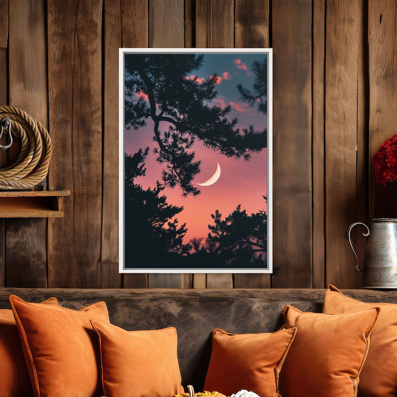 Crescent Moon Shown Through Tree Branches Wall Art Canvas Print ...