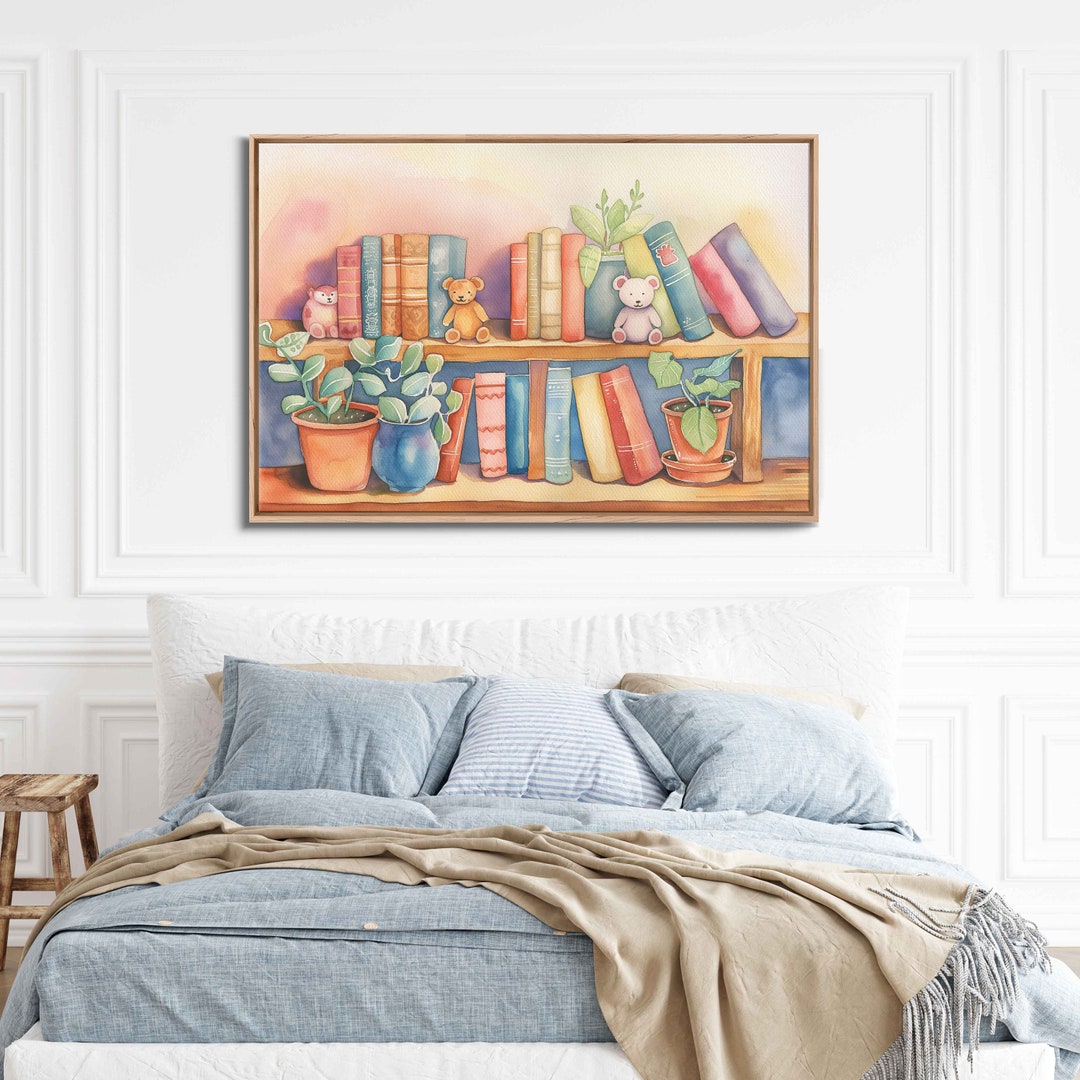 Pastel Bookshelf Filled With Plants and Teddybears Watercolor Wall Art ...