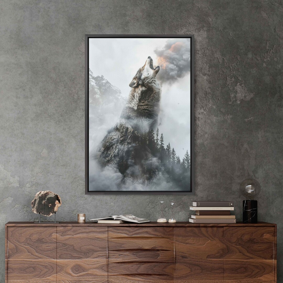 Wolf Howling on Smoky Volcanic Mountaintop Wall Art Canvas Print ...