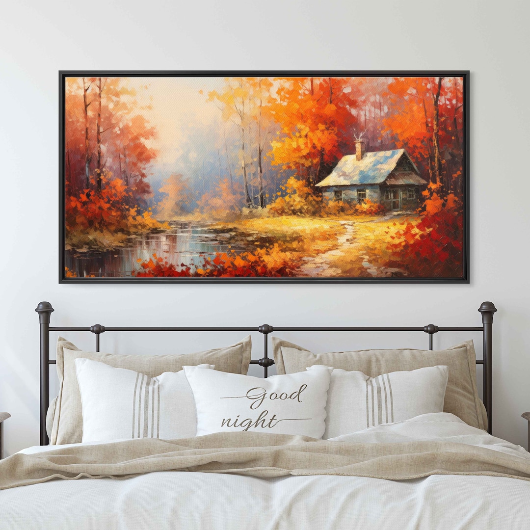 Fall Watercolor Cabin in Woods Wall Art Canvas Print, Forest Stream ...