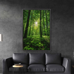 Sunlit Forest, Lush Greenery, Tall Trees, Canvas Wall Art Print, Ready ...