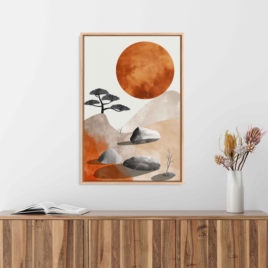 Minimalist Zen Garden Painting, Flowing Water, Sunlit Sky, Canvas Wall ...