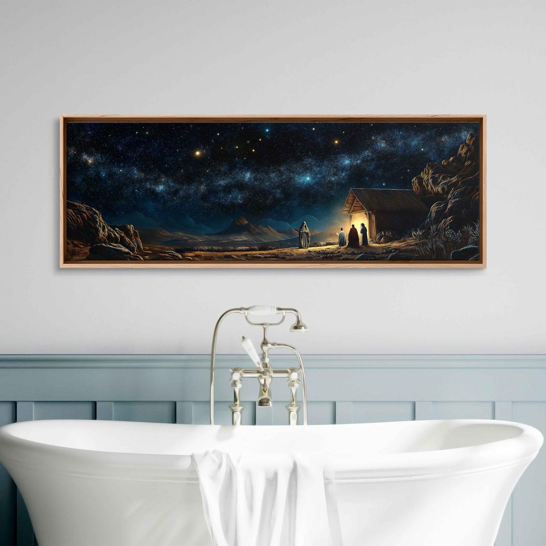 Nativity Scene Oil Painting, Wall Art Canvas Print, Starry Sky, Holy ...